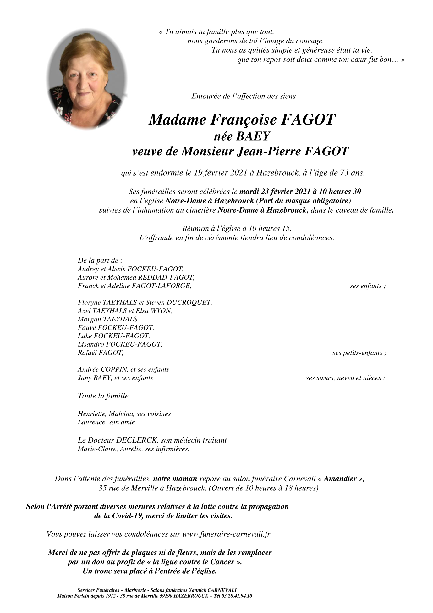 Nécrologie Services Funéraires & Marbrerie CARNEVALI - Décès de Madame ...